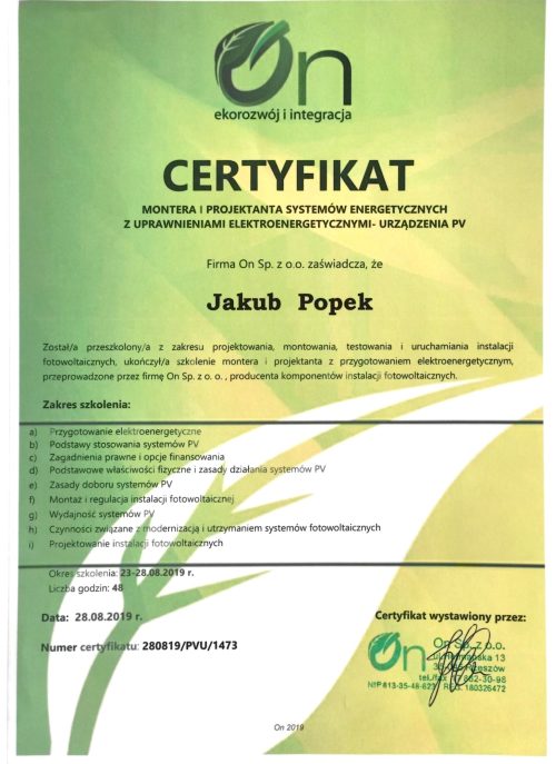 Certyfikaty - Fotowolt-expert